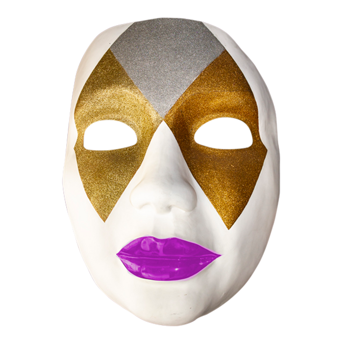 Novelty Mask Full Face Fiberglass Gold, Silver & White with Pink Lips